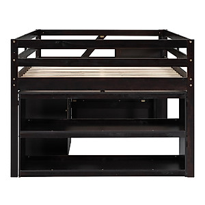 Merax Retractable Writing Desk and 3 Drawers, Wooden Loft Bed with Storage Stairs and Shelves, Espresso