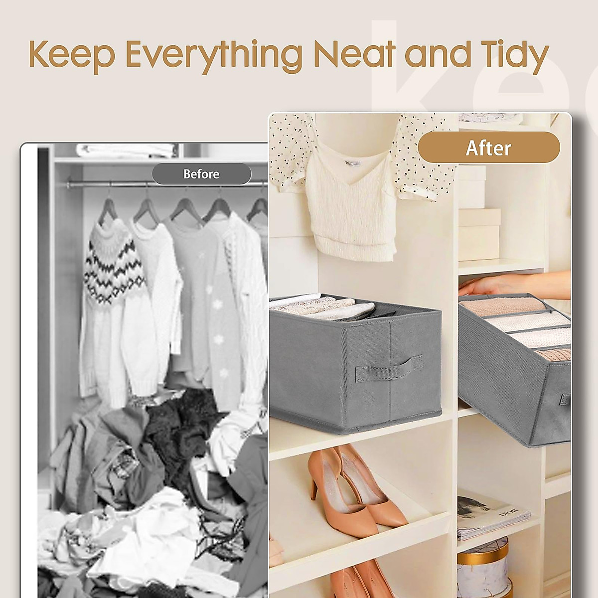 6 Pack Large Clothes Organizer, Wardrobe Closet Organizer and Storage with Handles, Foldable Fabric Closet Organizers Dividers for Clothing, Pants, Jeans, Sweater, T-shirts, Grey