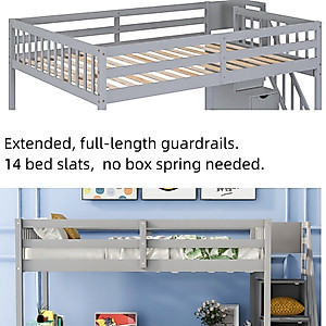 Merax Wood Full Size Loft Bed Frame with Built-in L Shaped Desk & 3 Storage Shelves & Attached Storage Stairs for Kids, No Box Spring Needed, Gray