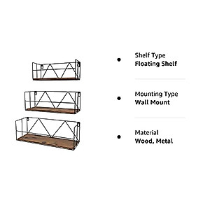 ZBEIVAN Floating Shelves Wall Mounted Set of 3, Wall Shelves with Metal Wire for Bathroom Bedroom Kitchen Living Room