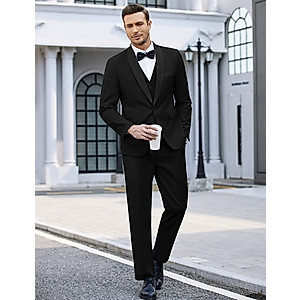 COOFANDY Mens Slim Fit 3 Piece One Button Business Wedding Prom Suits Blazer Tux Vest & Trousers Black X-Large