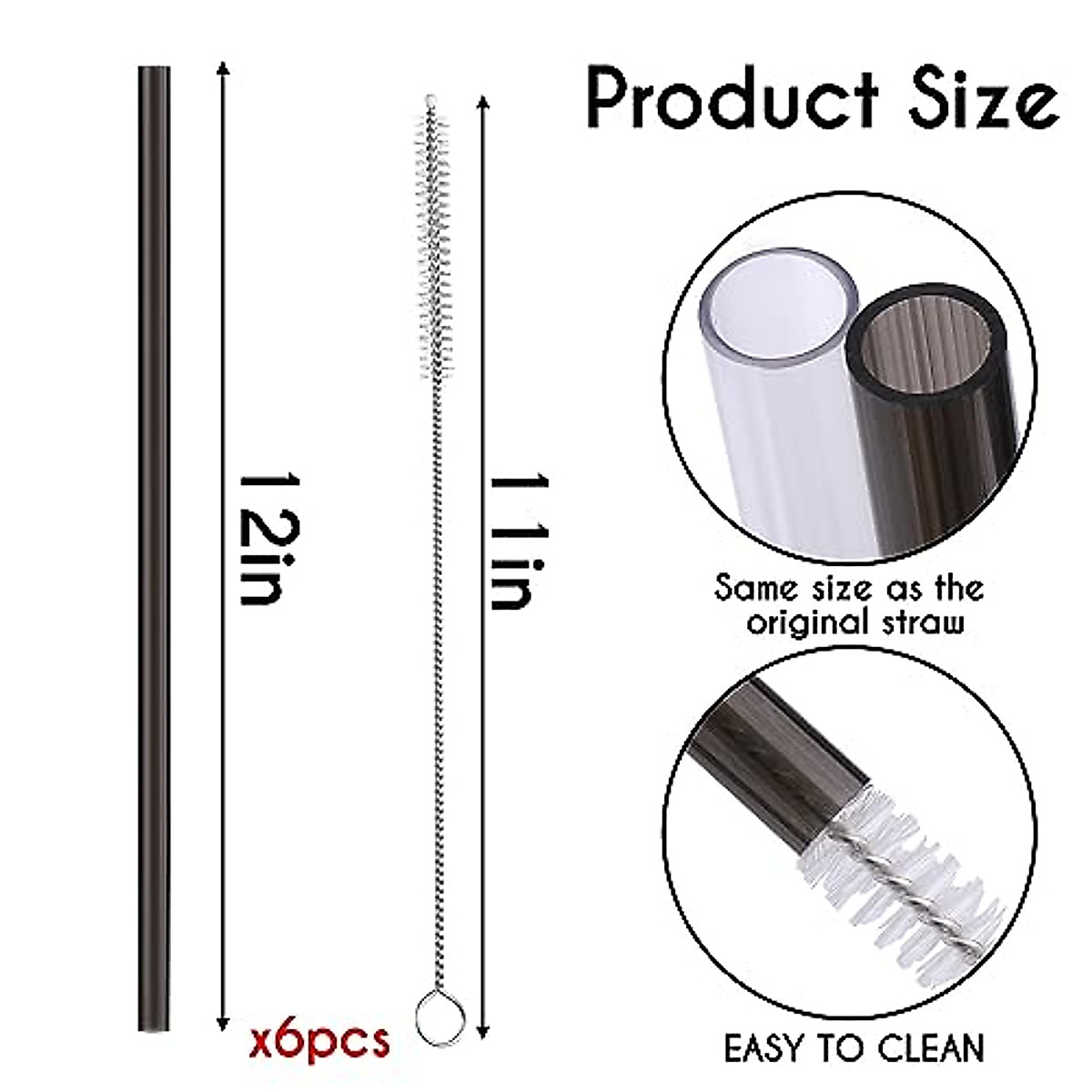 AIERSA 6Pcs Replacement Black Straw for Stanley 40oz Cups,Plastic Reusable Straw for Stanley Quencher H2.0 FlowState Tumbler, Long Straws with Cleaning Brush for Stanley Cup Accessories