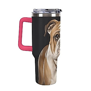 LLUTSNTH 40 Oz Vacuum Tumbler with Light Rose Red Handle Leakproof Insulated Tumbler English-Bulldog Stainless Steel Travel Mug with Lid And Straw Coffee Cup Cute Water Bottles Cup Holder Friendly