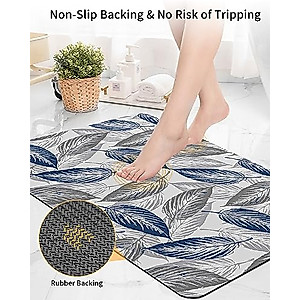Gogobebe Super Absorbent Diatom Mud Mat Navy Blue Gray Leaves Leaf Texture Quick-Drying Thin Bath Mat Non-Slip Bathtub Mat Anti-Skid Rubber Bathroom Shower Mat 16x24in