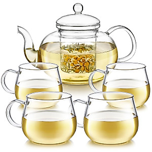 Teabloom Heatproof Glass Teapot Set with Removable Loose Tea Infuser (Standard Size: 32oz/946ml) and Four Borosilicate Glass Teacups (7oz/207ml) - Lead-free Blossoms Glass Tea Set