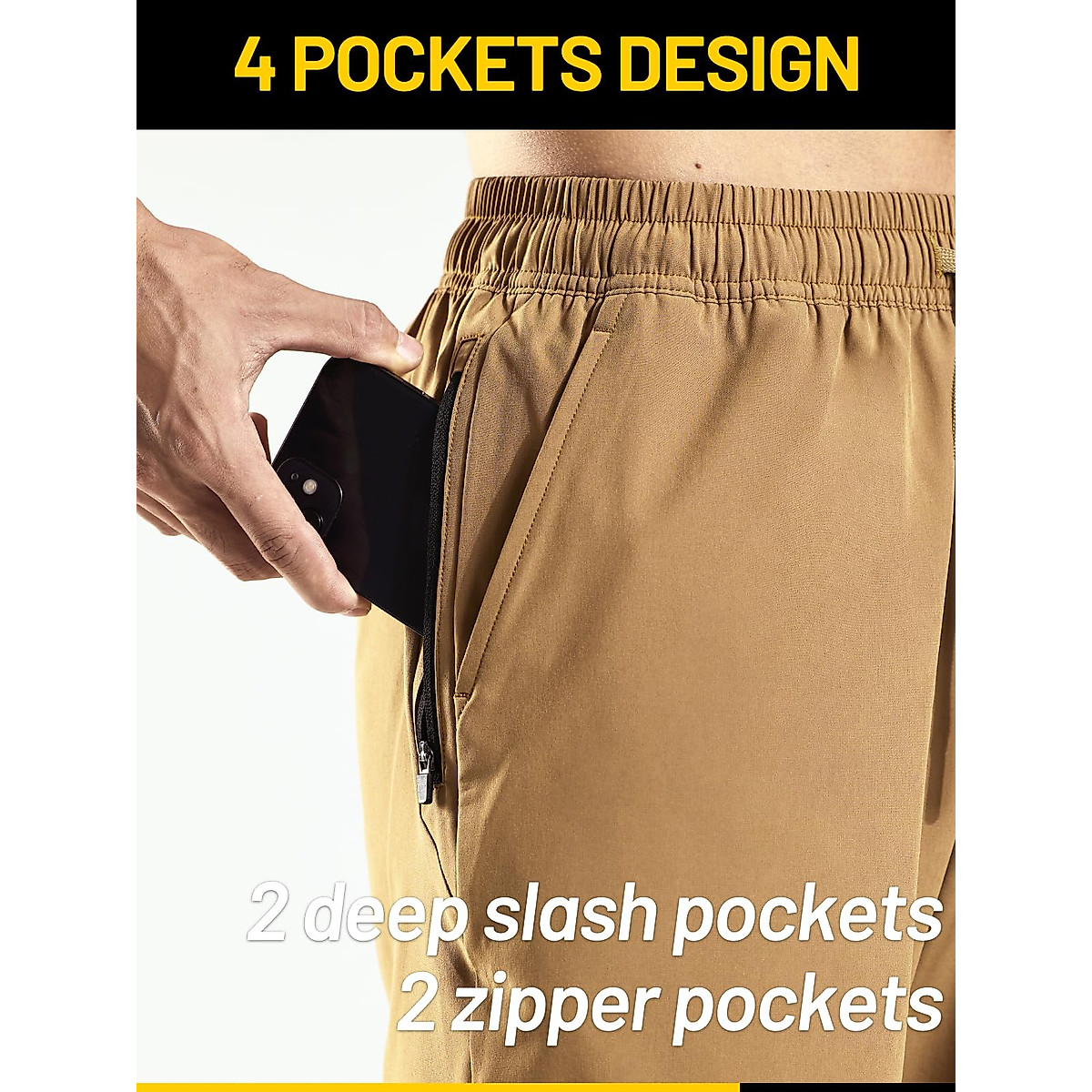 MIER Men's Quick Dry Running Shorts with Zipper Pockets, 7" Athletic Workout Gym Exercise Fitness Shorts Without Liner/Brief, Khaki, XL