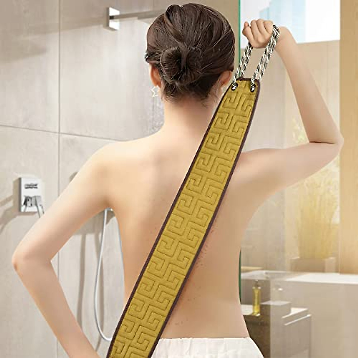 Exfoliating Back Scrubber for Shower, Double-Sided Back Scrub Washcloth with Handles, 38 Inches Body Exfoliator Bath Tool to Clean Your Body Deeply for Men & Women Skin Care (Yellow)