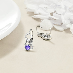 AOBOCO 925 Sterling Silver Cat Earrings for Women Purple Crystal Cat Leverback Dangle Earrings Cat Jewelry Packaged with Jewelry Box Gifts for Women Wife