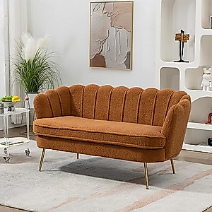 59" Wide Modern Loveseat Small Sofa Couch Mini Room Couch Boucle Upholstered Two-Seater Sofa with Gold Metal Legs, Channel Tufted Back Loveseat Sofa for Small Space Bedroom Studio Apartment, Caramel