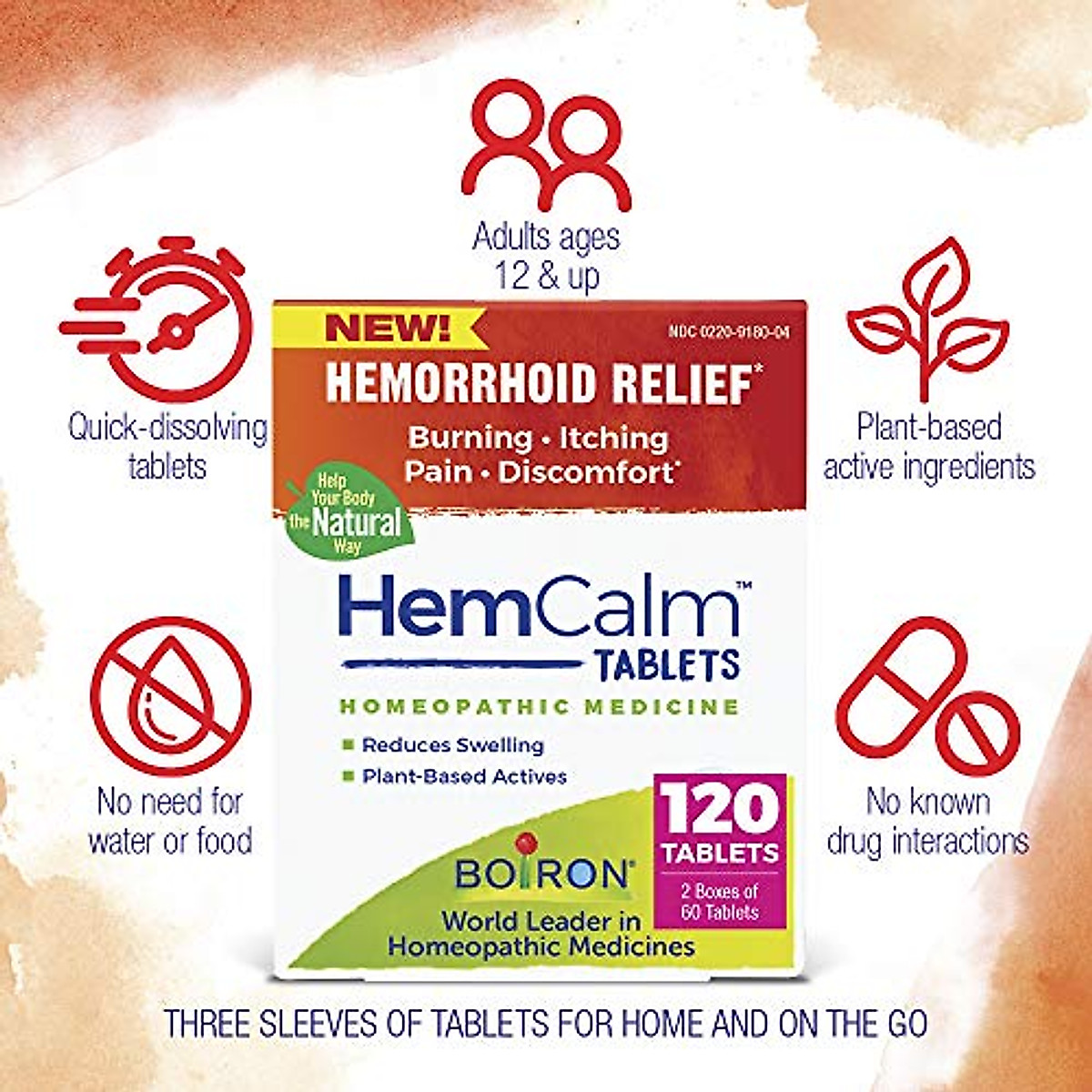 Boiron HemCalm Tablets for Hemorrhoid Relief of Pain, Itching, Swelling or Discomfort - 120 Count (Pack of 1)