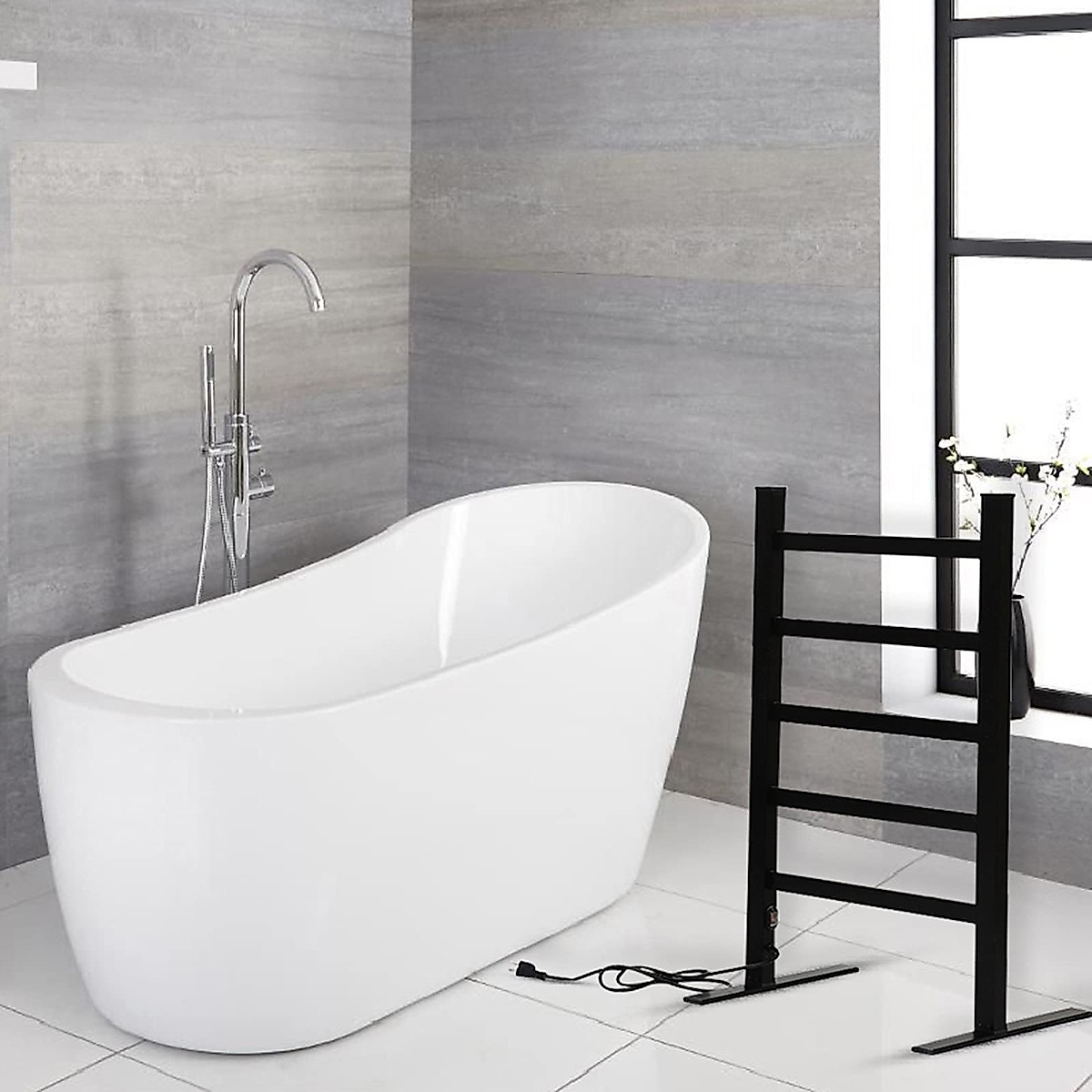 TVBNHU Black Electric Heating Towel Rack, Freestanding Towel Warmer with 5 Heated Bars, 120W Mute Constant Temperature Heated Towel Rail Radiator, Aluminum, 800X500x110mm