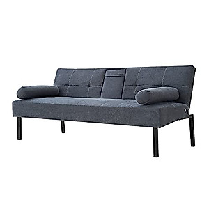 Panana Sofa Bed with Cup Holders,Convertible Sleeper Couch Bed Daybed, Upholstered Linen Fabric Folding Recliner, Futon Sofá, 3 Seaters for Living Room Furniture Sets,5 Positions Recliner in Gray