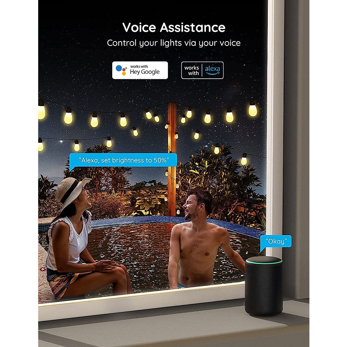 Govee Outdoor String Lights, 48ft WiFi Alexa String Lights with App Control, IP65 Waterproof Outdoor Lights with 15 Dimmable Warm White LED Bulbs for Balcony, Backyard, Party