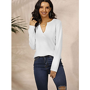 Famulily Women's Waffle Knit Long Sleeve Shirt Loose V Neck Thermal Tops and Bloue White Large