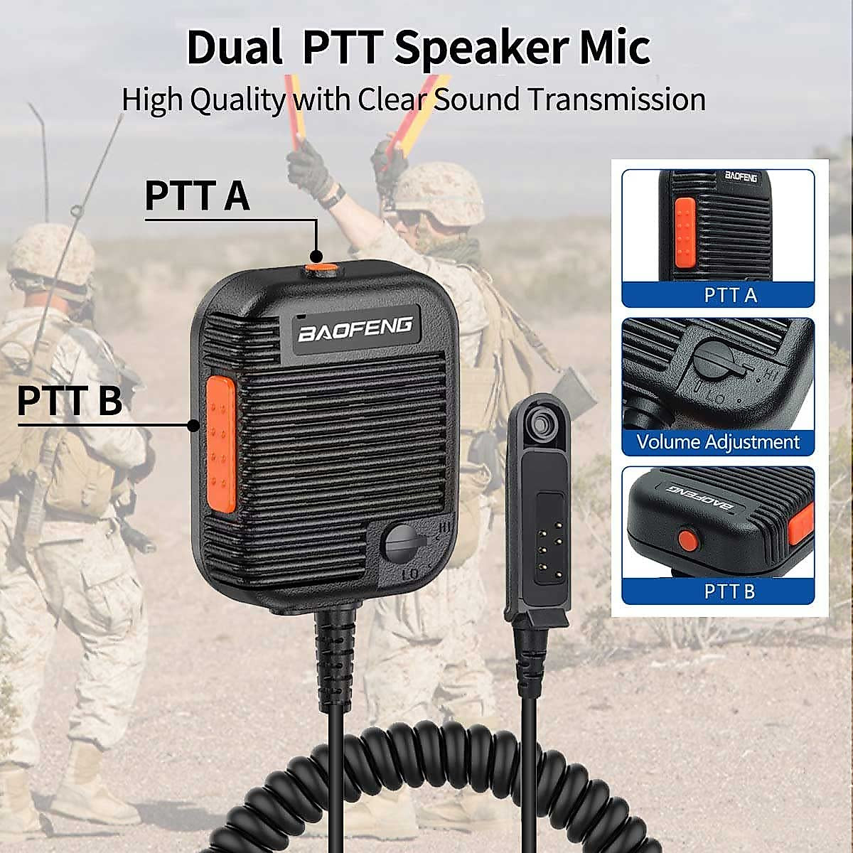 BAOFENG Ham Radio Tactical Speaker Microphone Handheld Remote Dual PTT Volume Adjustable Shoulder Mic UV-9R Plus UV-9R PRO GMRS-9R UV-9G GT-3WP BF-9700 Waterproof Two Way Radio