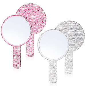 Bucherry 2 Pcs Rhinestone Hand Mirror Wedding Bling Hand Held Mirrors Adorable Dazzling Cosmetic Portable Decorative Personal Makeup Mirrors for Women Bride Wedding Gift, Pink White(Round)