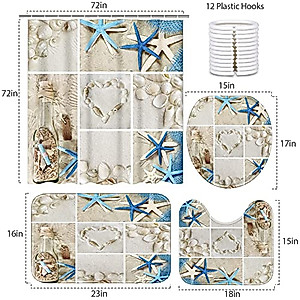 4 Piece Shower Curtain Sets, with 12 Hooks, Collage Beach Summer Seashells Sea Shell with Non-Slip Rugs, Toilet Lid Cover and Bath Mat, Durable and Waterproof, for Bathroom Decor Set, 72" x 72"