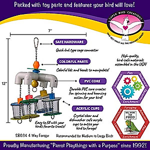 Super Bird Creations SB634 Foraging 4 Way Forager Bird Toy with Clear Acrylic Cups, Medium/Large Bird Size, 12"x7"x7"