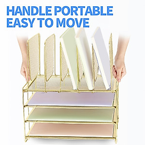 ORDROLL Desk Paper Organizer with Handle,3 Tier Letter Trays with 5 Vertical File Holder,Paper Storage,Desktop Organizer for Classroom,Home or Office,Gold