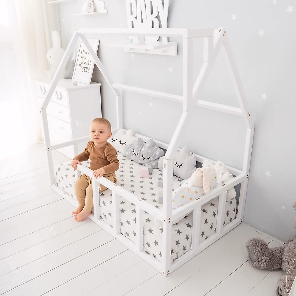 BUSYWOOD Toddler Floor Bed - Montessori Floor Bed with Rails - Floor Bed for Toddlers - Kids Floor Bed- House Kid Bed Frame - Floor Bed Frame Toddler (FOR SLEEPING ONLY)