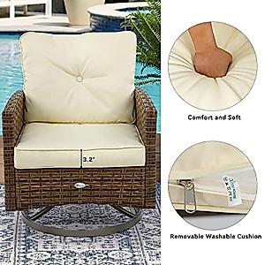 YITAHOME 3-Piece Patio Outdoor Wicker Bistro Rocking Furniture Conversation Chairs for Garden, Backyard and Balcony (Tan Chairs + Off- White Cushions)