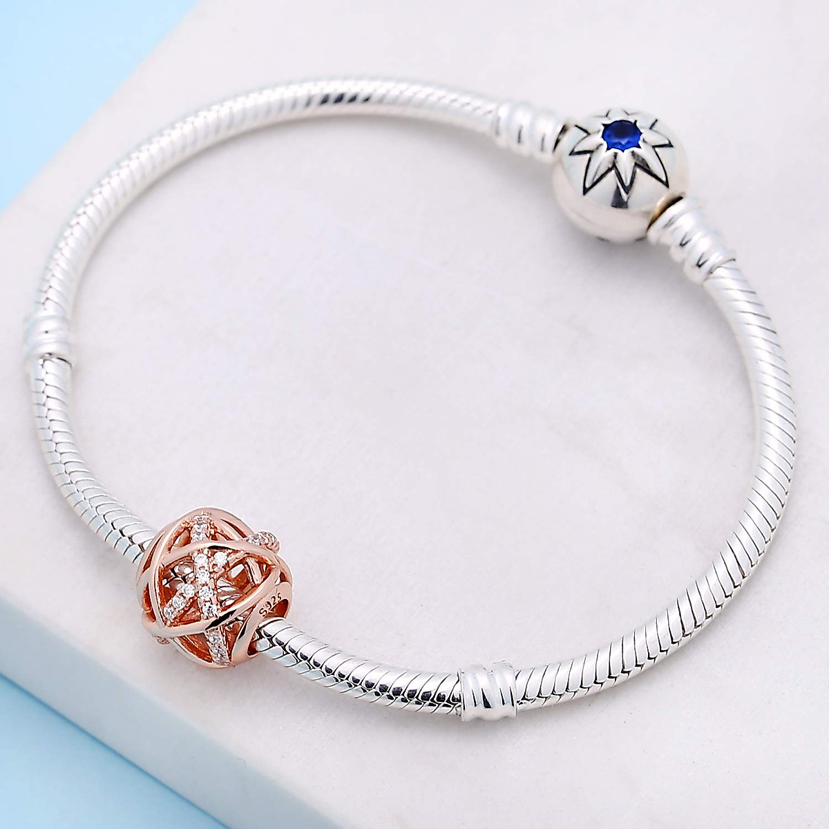 Rose Gold Galaxy Charm Authentic 925 Sterling Silver Openwork Charms with Clear CZ for Pandora European Bracelet