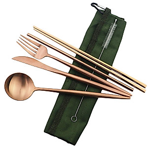 Gugrida Reusable Travel Utensils, 7 Piece Portable 304 Stainless Steel including Knife Fork Spoon Chopsticks Cleaning Brush Straws Portable Pouch, Eco-friendly Camping Silverware Set, Dishwasher Safe