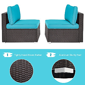 DORTALA 2 Piece Wicker Sectional Armless Chairs, Outdoor Rattan Sectional Sofa Set w/Cushions for Seat and Back, Additional Seats for Garden Balcony Patio Poolside, Turquoise
