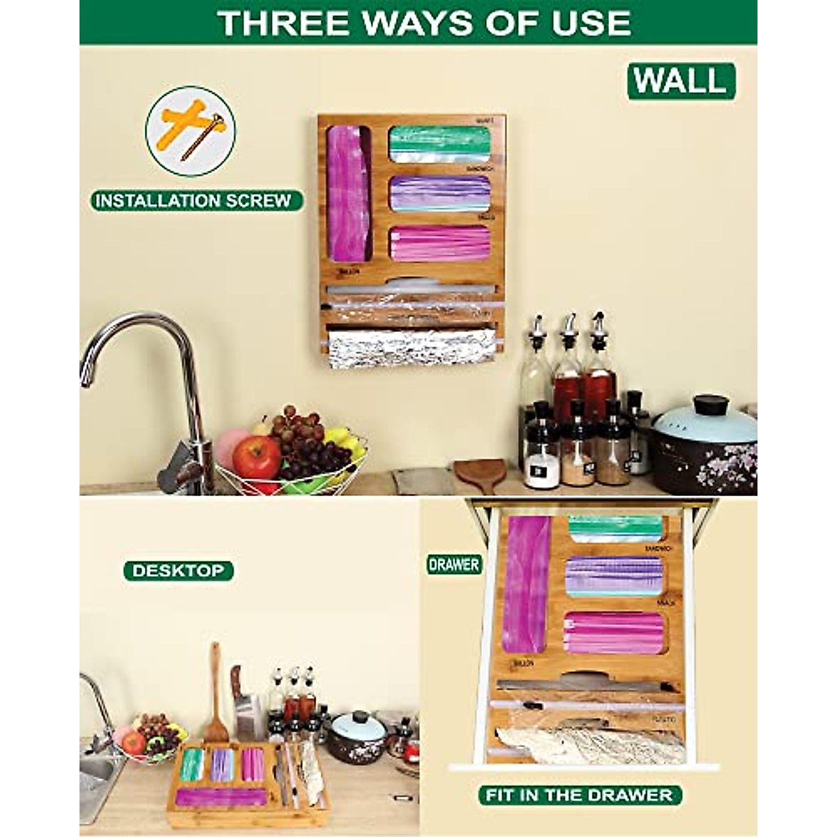 Plastic Wrap Dispenser with Cutter and Ziplock Bag organizer,6 IN 1 Bamboo Foil and Plastic Wrap Organizer for Kitchen Drawer & Wall Mount,Ziplock Bag Storage Organizer for Gallon,Quart,Sandwich,Snack