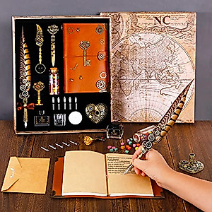 NC Feather Pen Ink Set, Includes Quill Pen,Notebook,5 Replaceable Nibs,Stamp,Spoon,Wax Beads,White Wax, Ink,Pen Holder, Cup,Envelope,Letter Paper, Etc.Gift Selection Calligraphy Pen Set.