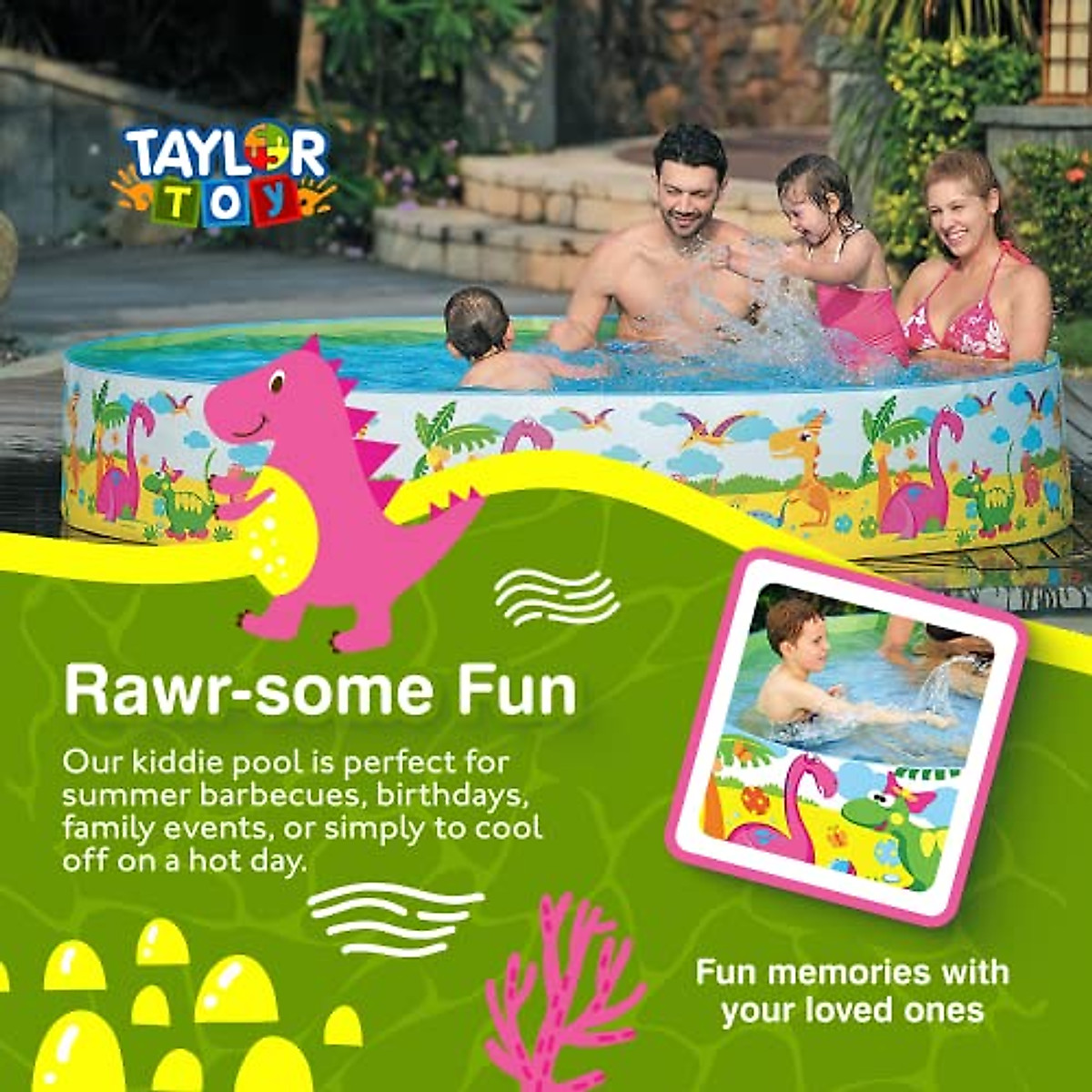 Taylor Toy Kiddie Pool, Splash Pool, Toddler Pool, Kids Pool, Easy Setup, Foldable, Ball Pit, Portable, Water Play, Non-Inflatable, Dinosaur, 203 Gallon