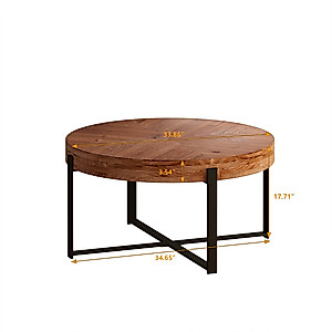 SSLine Antique Round Wood Coffee Table Farmhouse Cocktail Center Table for Living Room Thicken Fir Wood Table Top with Cross Metal Base(Natural&Black - 33.86" D x 17.71" H)