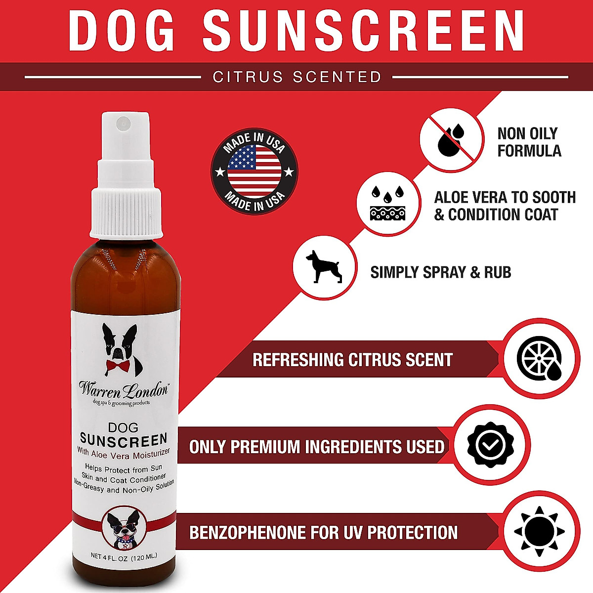 Warren London Dog Sunscreen Spray Protection with Aloe Vera I Dog Skin Soother I Puppy Sunblock I Made in USA- 4oz