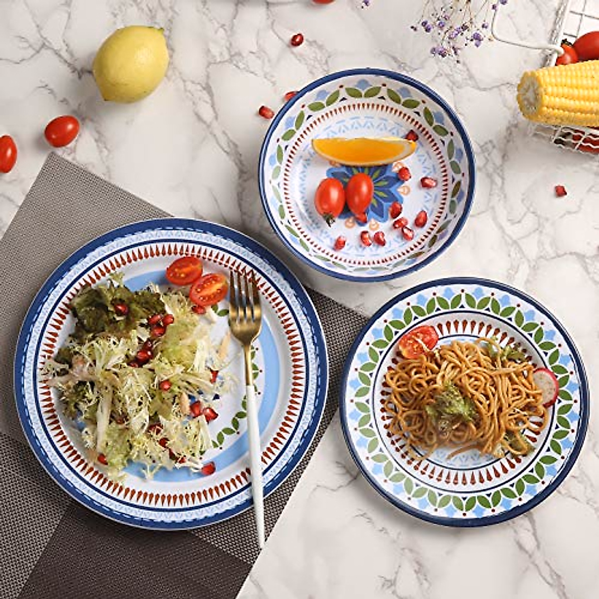 Melamine Dinnerware Set-12 Piece Melamine Plates and Bowls Sets,Service for 4,Outdoor and Indoor Use,Unbreakable, Dishwasher Safe,Rustic Blue