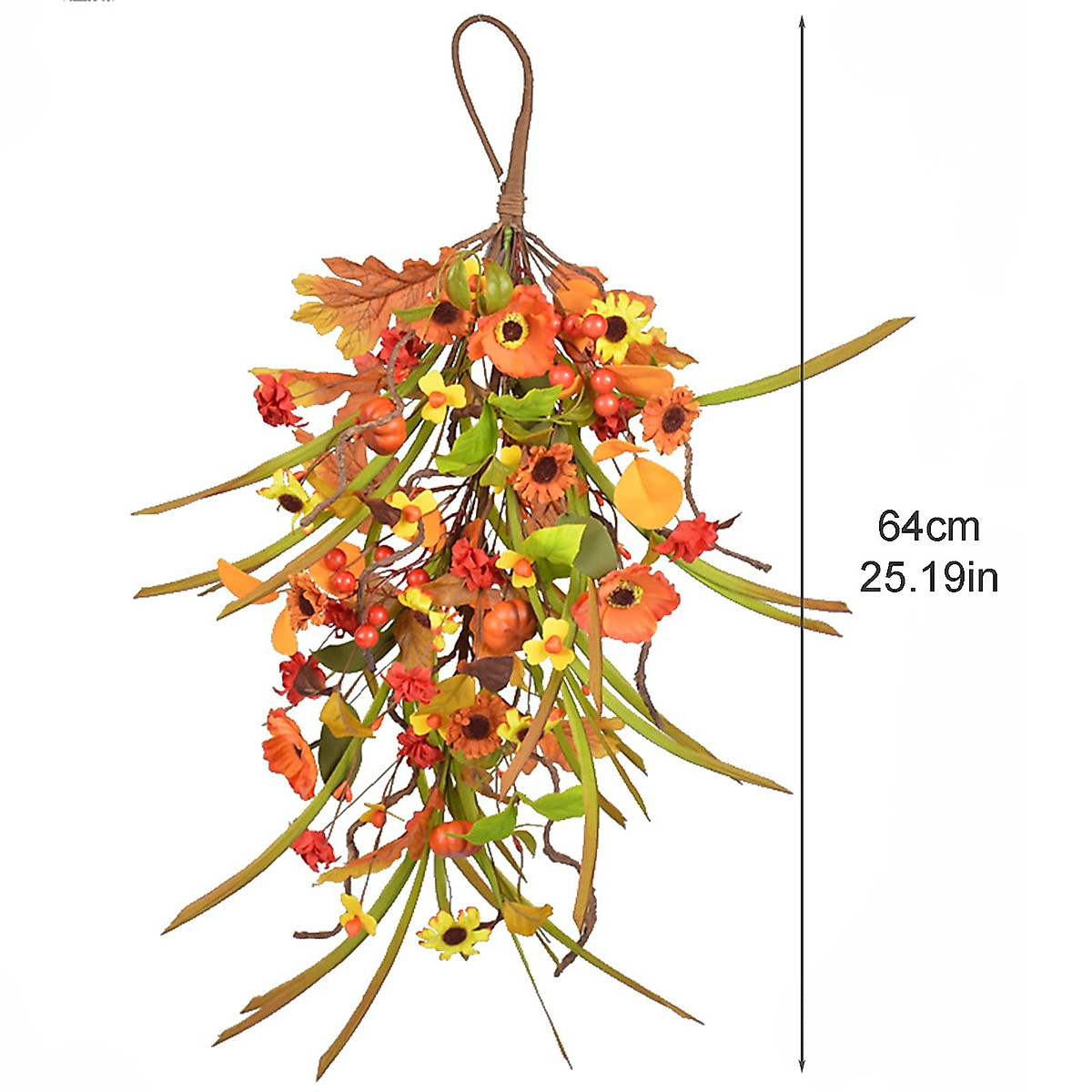 FXforer 25Inch Artificial Sunflower Pumpkin Fall Swag,Simulation Autumn Teardrop Floral Swag,Farmhouse Hanging Front Door Decorative Swag for Garden Home Wall Festival Decoration