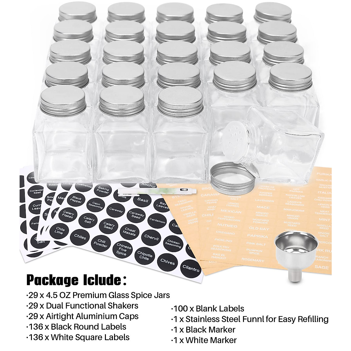 Unique Design Spice Jars with 372 Labels, 29-Pack 4.5 oz Personalized Cubic Clear Glass Spice Jars with Shakers, Lids, Empty Square Reusable Kitchen Spice Storage Containers