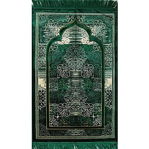Modefa Turkish Islamic Prayer Rug | Soft Velvet Janamaz Praying Carpet | Muslim Praying Mat for Men & Women Ramadan or Eid | with Car Hanger | Classic Elegant Swirl (Green)