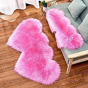 Area Rug, Modern Carpet 2'x4' Area Rug, Anti-Skid Double Heart Shape Fluffy Faux Fur Rug Fuzzy Rug, Kids Bedroom Floor Carpet Mats Soft Shaggy Plush Area Rugs Nursery Rug (Hot Pink, 24 x 47in/ 2'x4')