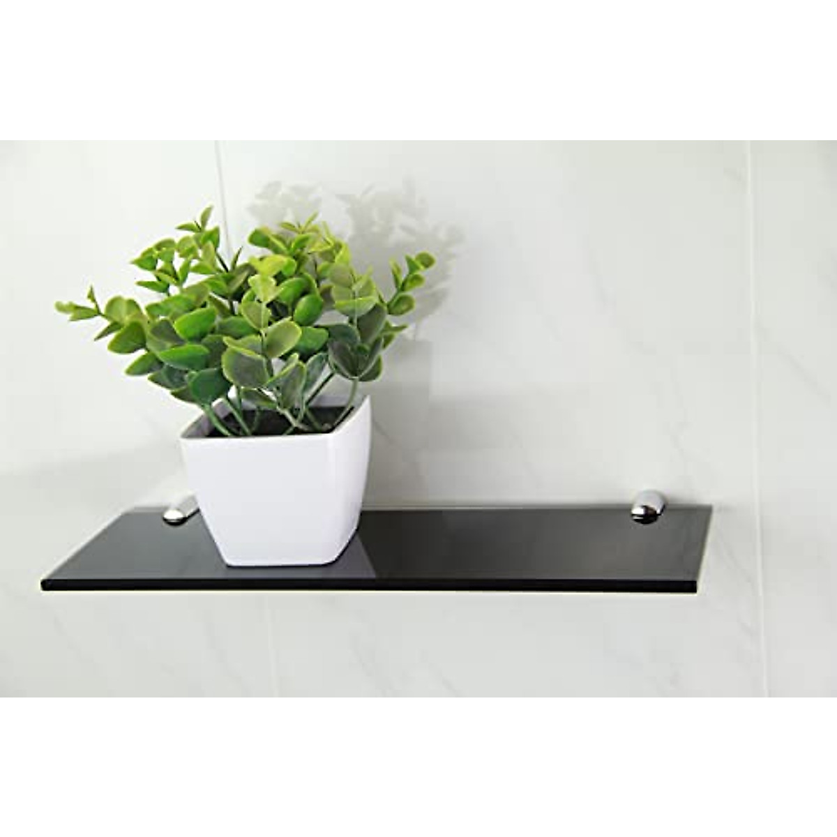 BSM Marketing Gloss Black Glass Shelf with Two Chrome Finish Brackets 300mm x 100mm Toughened Safety