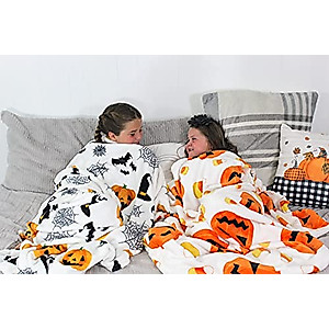 Haunted Halloween Throw Blanket: Spider Webs Witch's Hat Black Bats and Decorated Pumpkins Print on Soft Velvet Fleece Throw Blanket