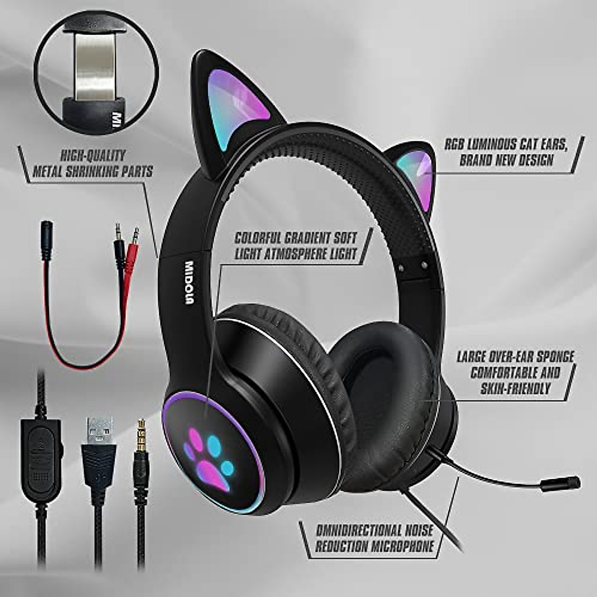MIDOLA Gaming Wired AUX 3.5mm Cat Ear Headphone Over Ear LED Light Fit Adult & Kids Girl Boy Foldable Stereo Headset Earmuffs with Mic for PC PS4 Game Cellphone Laptop Pad Black