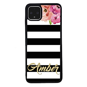 Golden Gold Personalized Flowers Black White Black Rubber Phone Case Compatible With Google Pixel 8 Pro, 8a, 8, 7a, 7, Pixel 7 Pro, 6a, Pixel 6 Pro, 6, 5, 4a 5G, 4a 4G, 4, 4 XL, 3a, 3a XL, 3