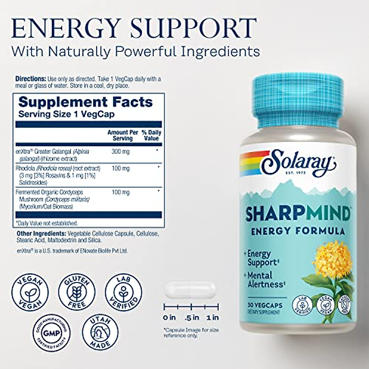 SOLARAY SharpMind Energy, Energy Booster for Women and Men, Nootropic Focus Supplement, Caffeine Free Energy Pills with Rhodiola Rosea and Cordyceps, 60 Day Guarantee, 30 Servings, 30 VegCap Pills