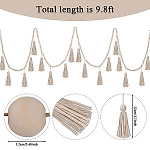 Boho Decor Wooden, 9.8ft Wood Bead Garland with Tassels Bobo Wall Hanging Farmhouse Home Decor Rustic Country Holiday Decoration