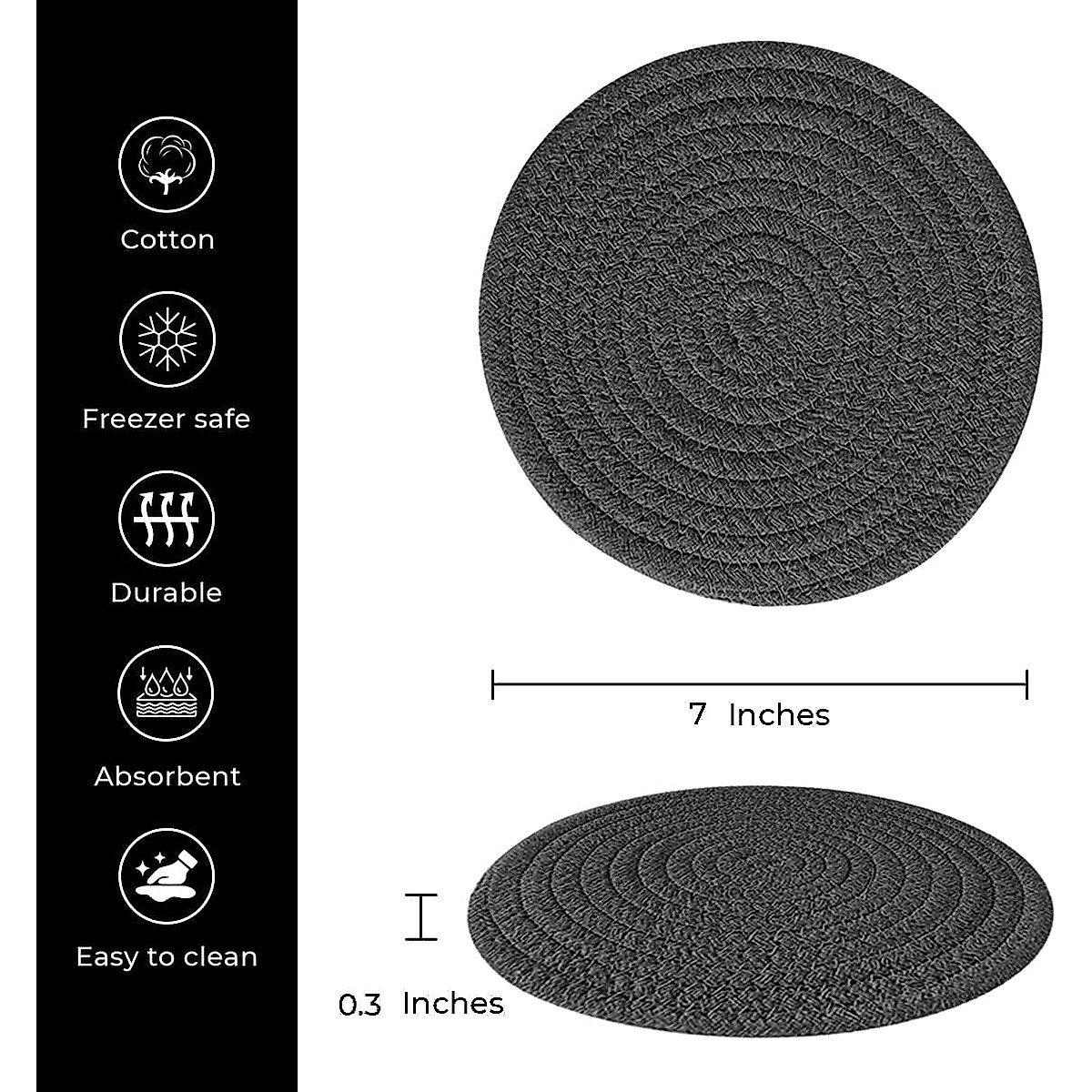 3Pcs Trivet Pot Holder, Hot Pads for Kitchen, Heat Resistant Trivets 100% Cotton Round Woven Potholders Set for Cooking and Baking, 7 Inch(Dark Grey)