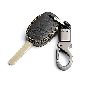 WFMJ Leather for Honda Ridgeline Fit Odyssey Accord CR-V CR-Z Insight 3 Buttons Key Fob Case Cover Chain (Black)
