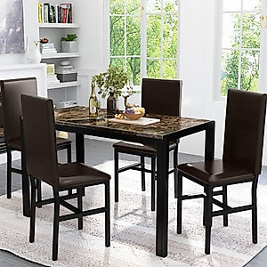 DKLGG Marble Dining Table Set for 4, 5-Piece Faux Marble Kitchen Table and Chairs for 4, Space Saving Dining Room Table Set w/4 Upholstered PU Leather Chairs, Ideal for Dining Room, Kitchen, Corner