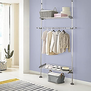 BAOYOUNI Standing Garment Rack Clothes Hanger Storage Organizer Adjustable Heavy Duty Laundry Shelf Double Tension Pole with 2 Large Shelves and 1 Telescopic Haning Rod - Grey