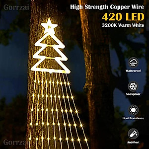 Gorrzai Outdoor Christmas Decorations Star String Lights 420 LED Waterproof String Lights with Christmas Tree Topper, 8 Lighting Modes Waterfall Lights for Tree Patio Garden Yard Party (Warm White)