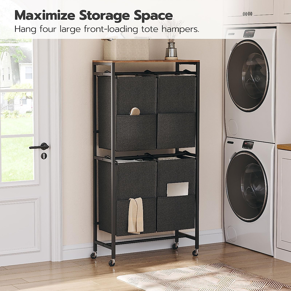 HOOBRO Rolling Laundry Sorter 4 Sections, 2 Tier Vertical Laundry Hamper with Wheels, 52 Gal (198L), Laundry Baskets for Laundry Room, Bedroom, Bathroom, Cloakroom, Rustic Brown and Black BF71XY01